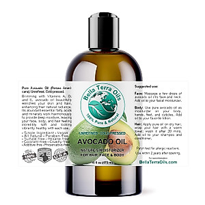 Bella Terra Oils - Avocado Oil 16 oz - Harness The Nutrient Power of Pure Avocado, High in Antioxidants & Omega-3, Luxurious Carrier Oil Experience