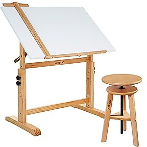 MEEDEN White Board Drafting Table and Stool Set, Height Adjustable Artist Stool and Craft Table, Tiltable Tabletop of Drawing Desk, Wooden Stool, Perfect for Writing, Artwork, Artists Studio