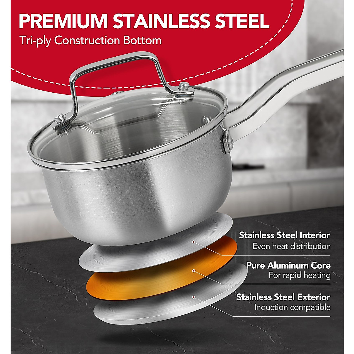 MICHELANGELO Stainless Steel Pot Set - 1QT & 2QT & 3QT Stainless Steel Sauce Pan with Lid, Induction Saucepan Set, Small Pots for Cooking - 6 Pcs