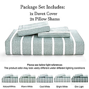 PHF Striped Duvet Cover Queen Size, Green Pre-Washed Soft Bedding Set for All Season, 1 Elegant Classic Striped Pattern Comforter Cover with 2 Pillowcases, 3PCS, 90" x 90"