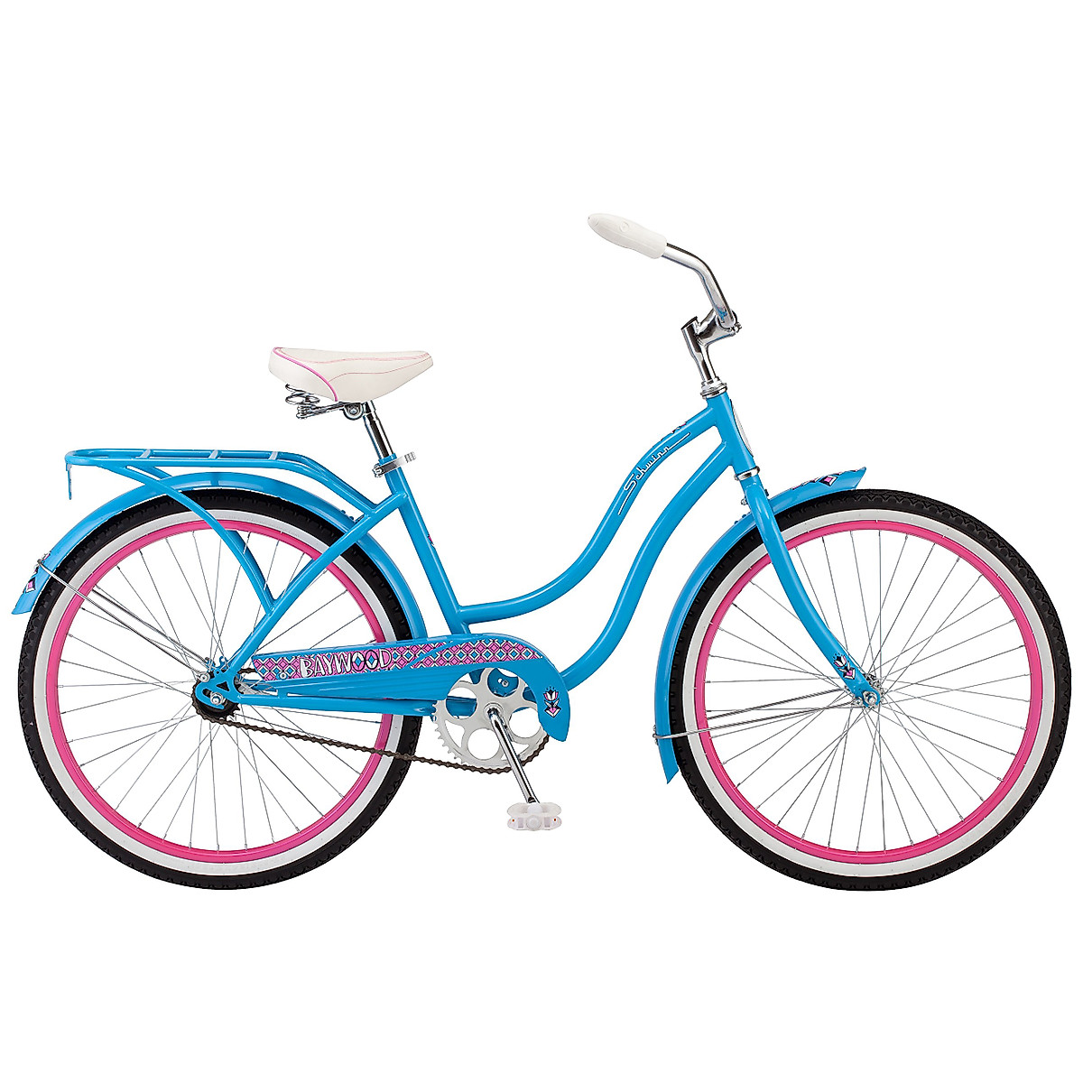 Schwinn Baywood Beach Cruiser Bike for Men Women, Ages 8 Up or Rider Height 4'8"-5'6", 24-Inch Wheels, Single Speed, Rear Cargo Rack, Bright Blue