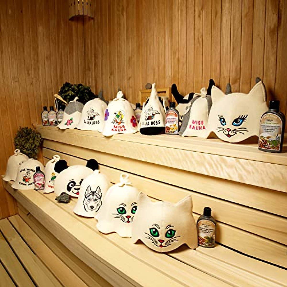 Natural Textile Sauna Hat 'Miss Sauna Flowers' White/Grey - 100% Organic Wool Felt Hats for Russian Banya - Protect Your Head from Heat - Sauna eBook Guide Included - with Embroidery