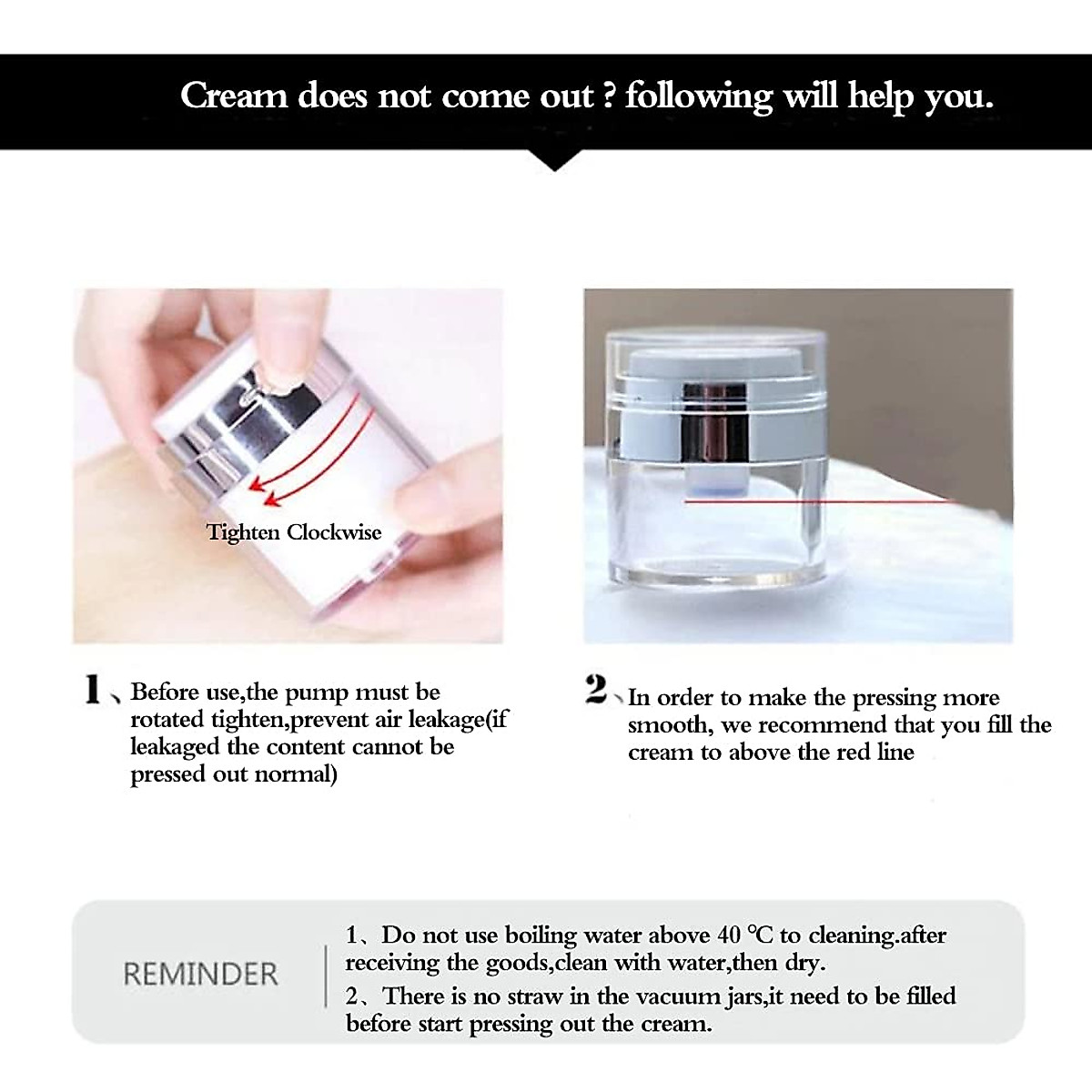 Furnido 2 Pack 1.7 oz Refillable Airless Pump Jars With Lid, Empty Acrylic Makeup Cosmetic Containers for Thick Moisturizer, Travel Lotion, Skincare, Cream,White