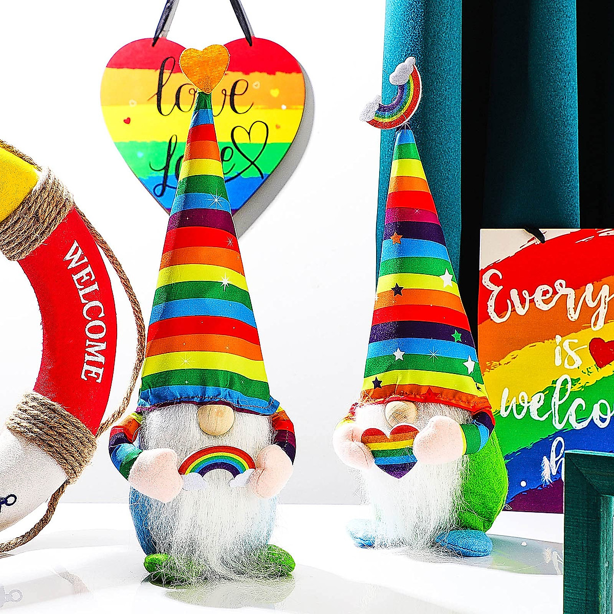 2 Pieces Large Rainbow Gnome Decoration Nisse Pride Gnome Ornaments Gnome Rainbow Plush Decor Felt Gnome Tiered Tray Ornaments Scandinavian Tomte Gnome Sign for Christmas Home Farmhouse Decoration