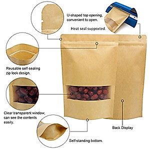 50pcs Kraft Paper Bags with Window Resealable Zip Lock Food Storage Bags Heat Sealable Stand Up Brown Paper Pouches for Cookies Coffee Tea 3.5×5.5in