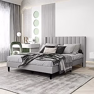 Upholstered Bed Frame Queen with Wingback Headboard/No Box Spring Needed/Wooden Slat Support/Easy Assemble/Light Gray