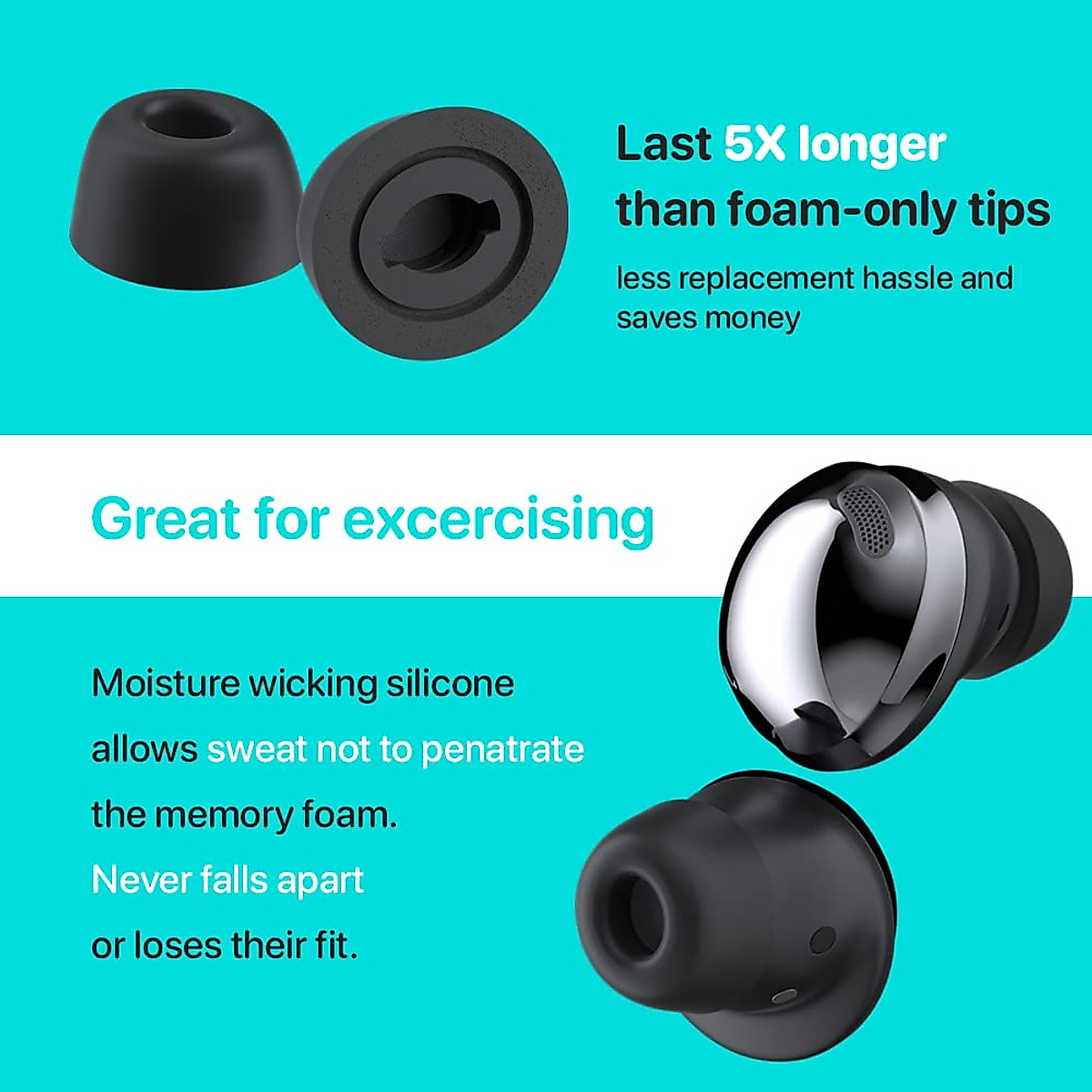 Memory Foams Pro Active V2.0 Patented Silicone Memory Foam Ear Tips for Galaxy Buds Pro and Jabra 85t. Stays in, Last 5X Longer, No Sweat/Wax. Replacement for Samsung Galaxy Buds Pro Tips. CharJenPro