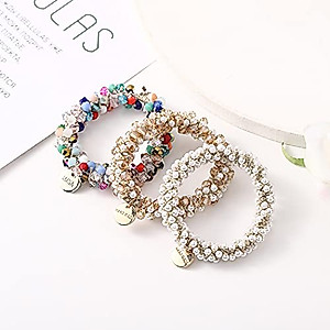 Brinie Pearl Scrunchie White Elastic Hair Ties Rhinestone Ponytail Holders Beaded Hair Elastics Hair Accessories for Women and Girls (Pack of 3)