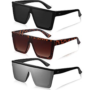 3 Pairs Oversized Flat Top Sunglasses Vintage Square Sunglasse Unisex Square Shade Sunglasses for Men Women (Black, Orange-Brown, Gray)
