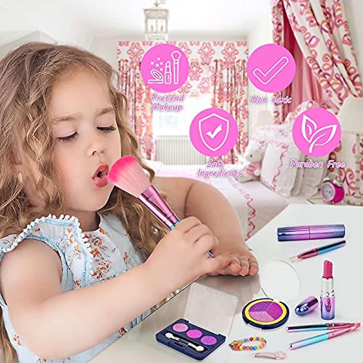 balnore 27 Pcs Girl Pretend Makeup for Toddlers - Toddler Makeup Kit with Purse | Pink Make up for Kids, Birthday for Girls 3 4 5 Years Old