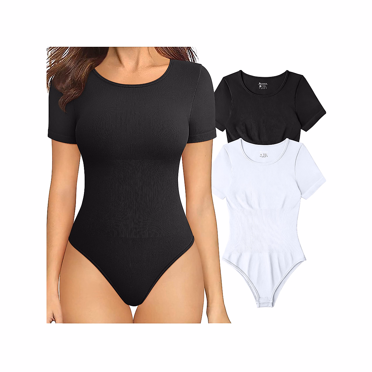 OQQ Women's 2 Piece Bodysuits Sexy Ribbed One Piece Short Sleeve Tops Bodysuits Black White