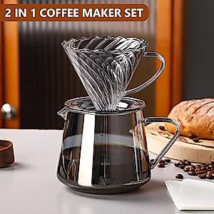 Bincoo Glass Coffee Server Set 600ml- Glass Pour Over Coffee Maker Set with Dripper, V60 Coffee Pot with 50 Count Paper Filter for Home and Office (Dark Gray)