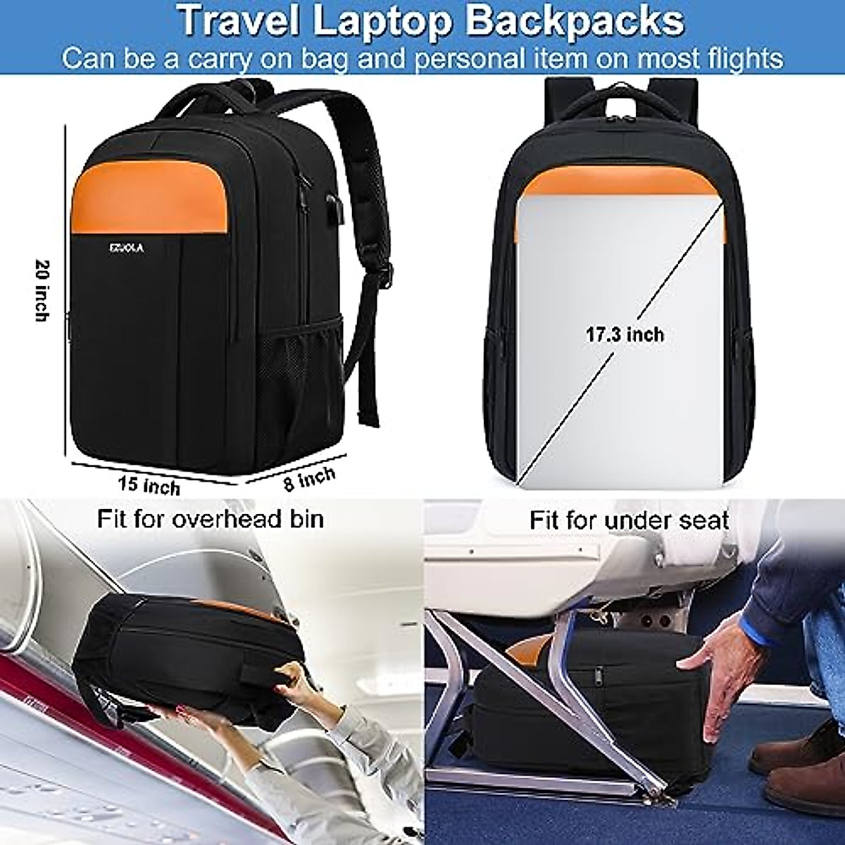 EZUOLA Backpack for Men, 17 inch Travel Laptop Backpack Business Work Laptop Bag with USB Charging Port Water Resistant Computer Bag College Bookbags, Black