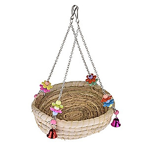 Woven Straw Nest Bed Large Bird Swing Toy with Bell for Parrot Cockatiel Parakeet African Grey Cockatoo Macaw Amazon Conure Budgie Canary Lovebird Finch Hamster Chinchilla Cage Perch