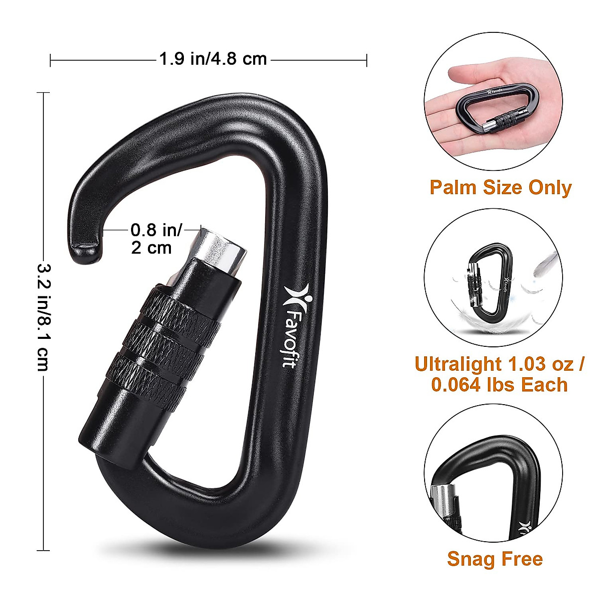 Locking Carabiner Clips Heavy Duty - Favofit 12KN (2697 lbs) Strong Caribiniers for Hammock - Ultralight D-Ring Carbineers for Outdoor Camping Hiking Backpacking Keychain Dog Leash (Twistlock)