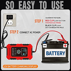 Foxsur 10-Amp 7-Stage Car Battery Charger for Wet/GEL/SLA/LiFePO4/Lead-Acid/AGM Batteries, 12V/ 24V Smart Battery Charger/Maintainer, for ATVs/Golf Cart/Motorcycle/Automobile/Marine etc Quick Charger