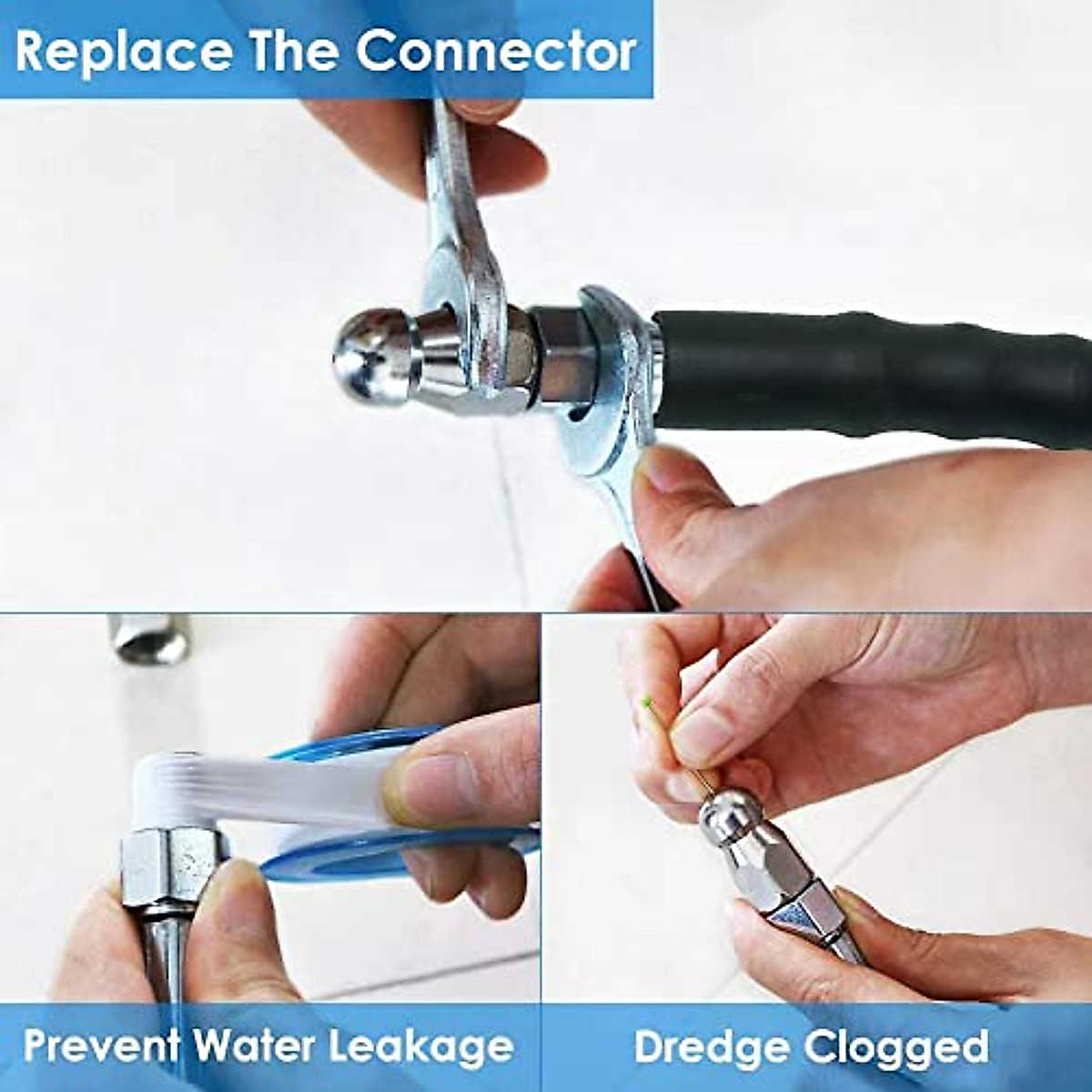 100FT Sewer Jetter Kit for Pressure Washer, 5800PSI Drain Cleaner Hose 1/4 Inch NPT Corner, Rotating Button Nose Sewer Jetting Drain Jetter Hose Nozzle Pearl Corsage Pin Spanners, Blue