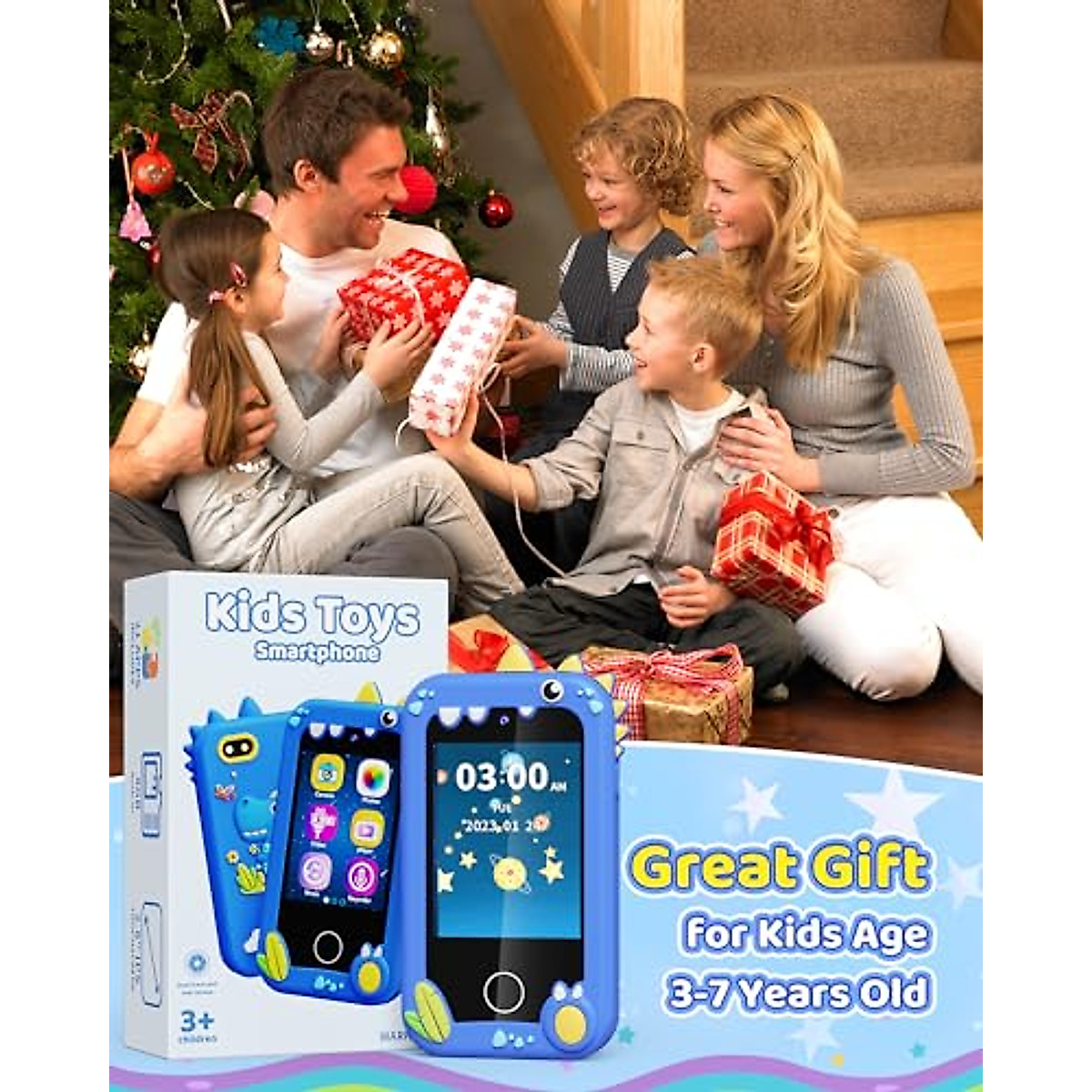 Kids Toy Smartphone, Gifts and Toys for Boys Ages 3-8 Years Old, Fake Play Toy Phone with Music Player Dual Camera Puzzle Games 8GB SD Card Touchscreen, Birthday, Kids Trip Activities