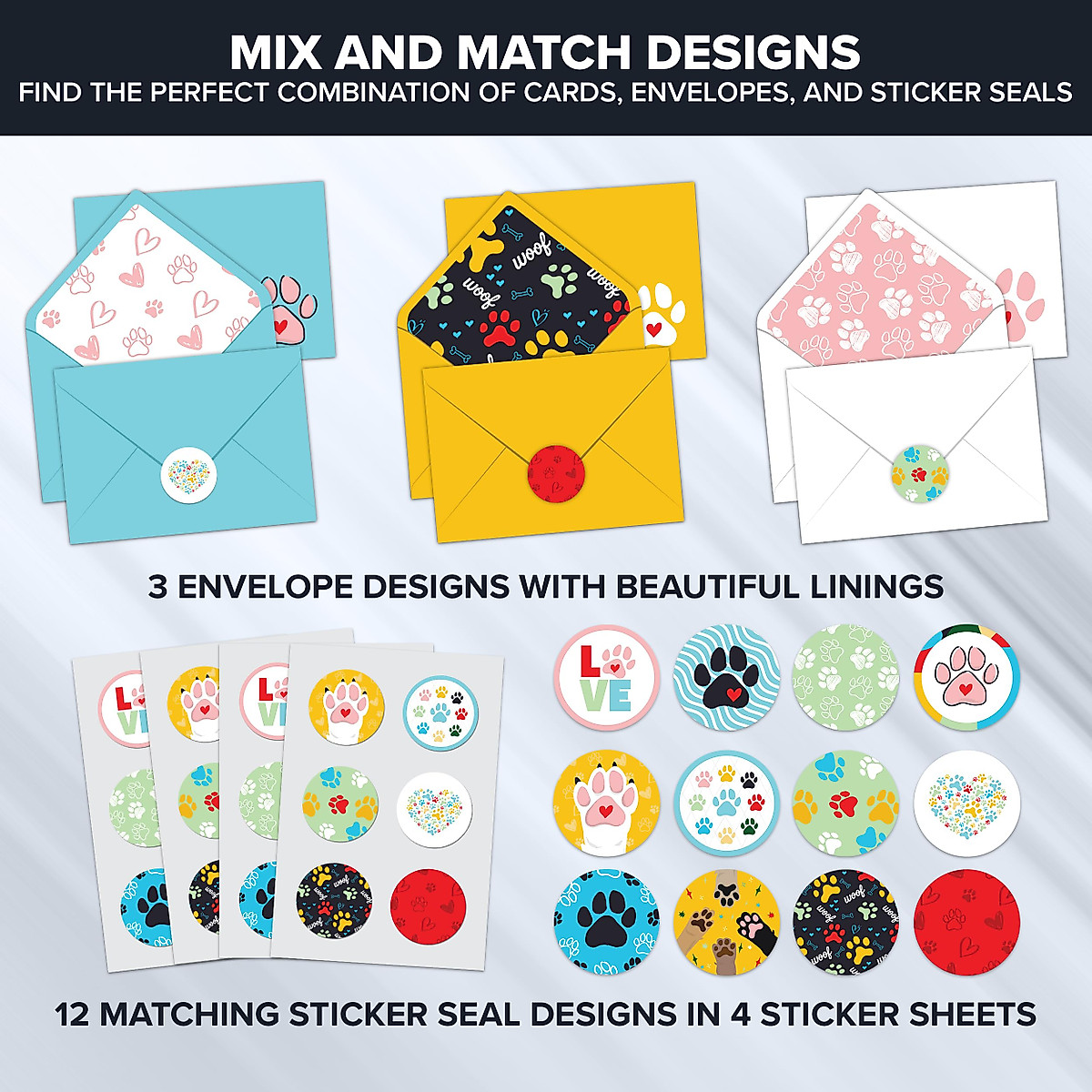 Decorably Notecards with Envelopes & Stickers - 24 Pack Blank Dog Cards with Envelopes & Stickers, 12 Designs Blank Dog Note Cards with Envelopes, 6x4in Blank Dog Greeting Cards, Dog Card