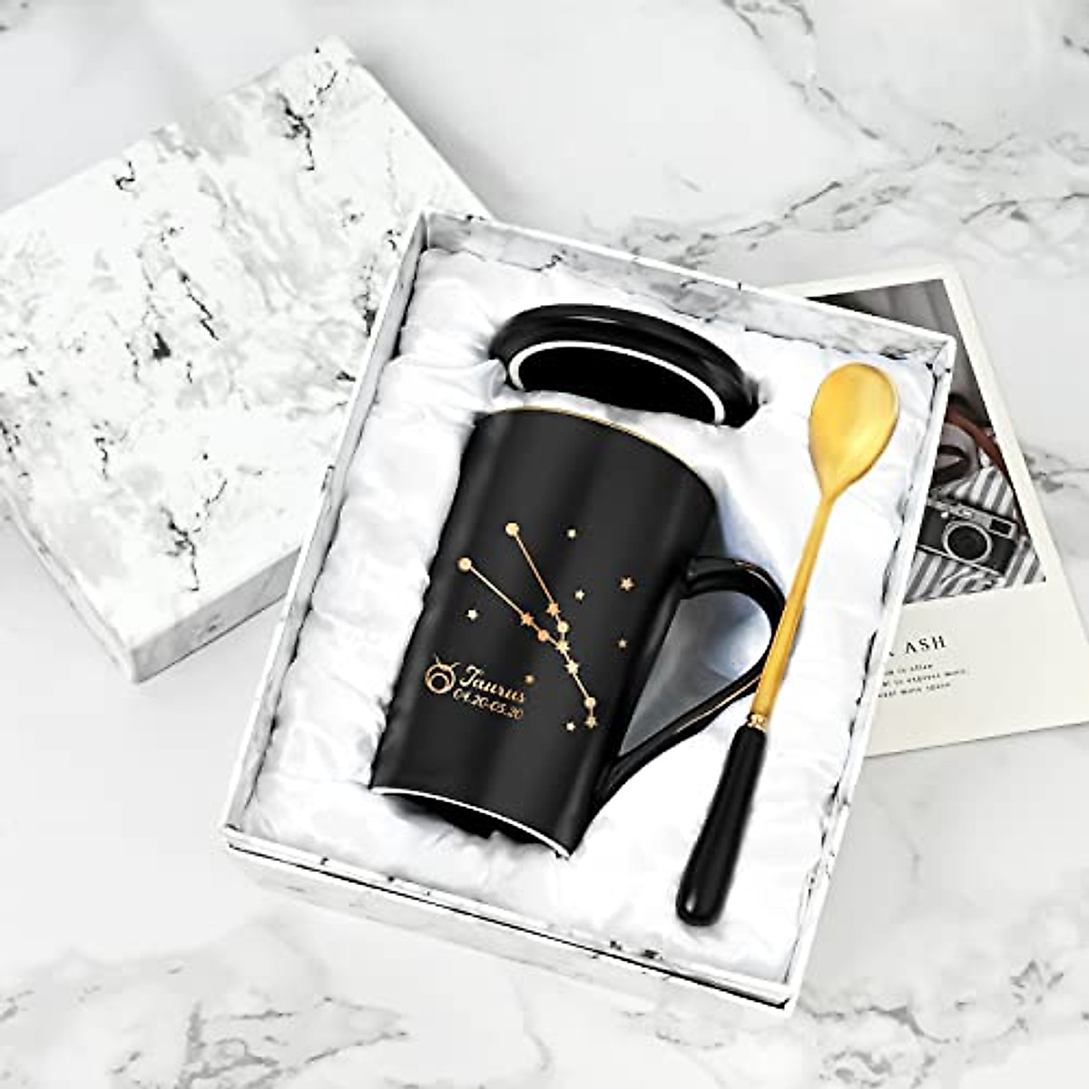 YHRJWN - Taurus Constellation Zodiac Sign Star Coffee Mug, Birthday Gift for Women, Girls, Men, Teens, 12 Horoscope Astrology Lovers, 14 Oz Black (Spoon, Lid, Gift Box)