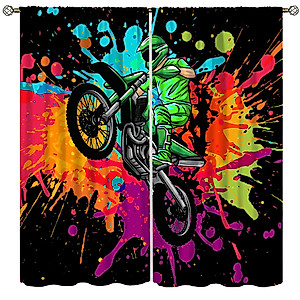 Motorcycle Curtains,Boys Bedroom Youth Children Watercolor Extreme Sports Motocross Printed Window Curtains 52x84in