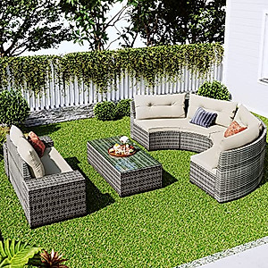 GODAFA 8-Piece Outdoor Wicker Round Patio Furniture Set-Half-Moon Sectional Sofa with Rectangular Coffee Table-Water-Resistant PE Rattan-Movable Cushions, Beige
