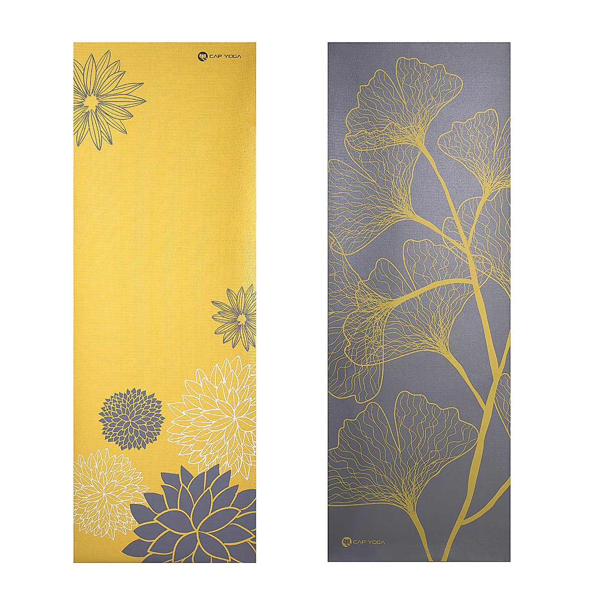 CAP Yoga Mat with Carry Strap, 5mm, Reversible Dahlia Design, Yellow/Gray