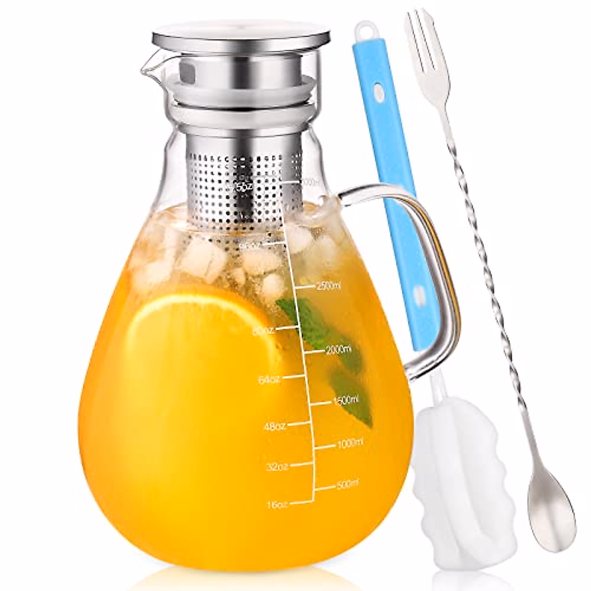 Glass Pitcher with Lid & Removable Fruit Infuser Filter, 105.6OZ Glass Fruit Infuser Water Pitcher with Precise Scale Line & Mix Spoon, HOUSALE 18/8 Stainless Steel Lid Iced Tea Pitcher Easy to Clean
