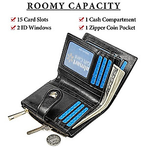 FOXLOVER Leather Wallets for Women RFID Blocking Small Compact Credit Card Holder Purse with Zipper Pocket (Black)