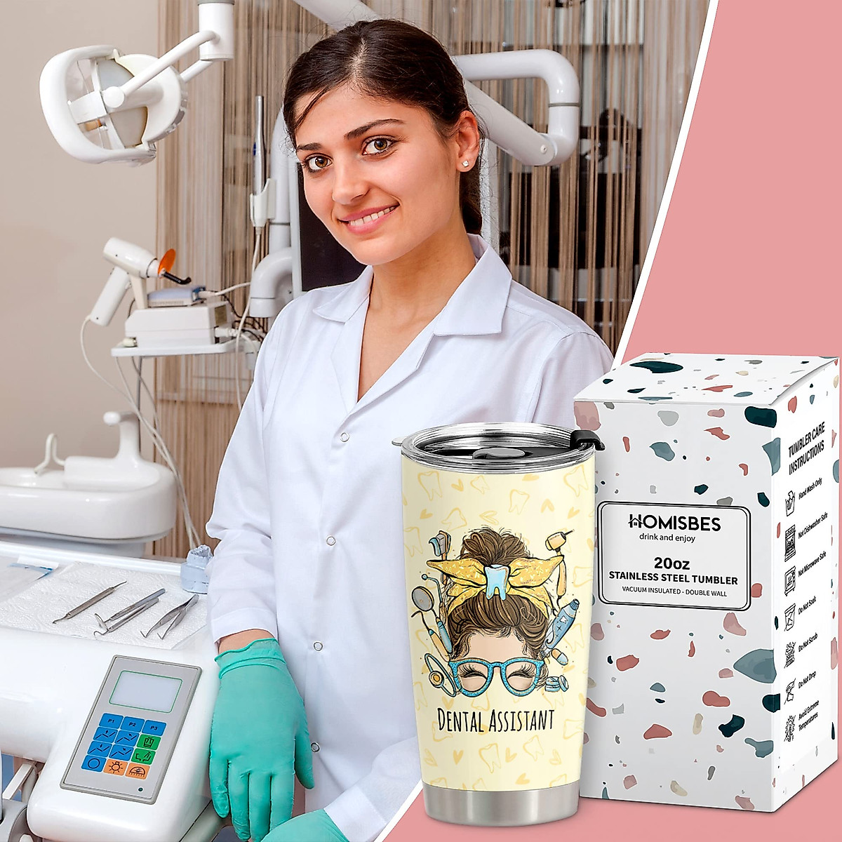 HOMISBES Dental Assistant Gifts for Women - Stainless Steel Nutrition Facts Tumbler Cup for Dental Assistant - Dental Assistant Appreciation Travel Mug 20oz