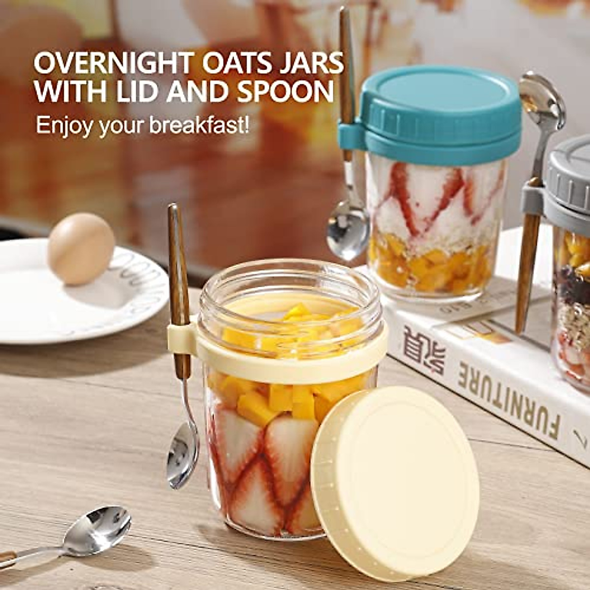 CAKRETY 2 Pack Overnight Oats Containers with Lids and Spoons, 16 oz Glass Mason Overnight Oats Jars, Large Capacity Airtight Jars for Milk, Cereal, Fruit
