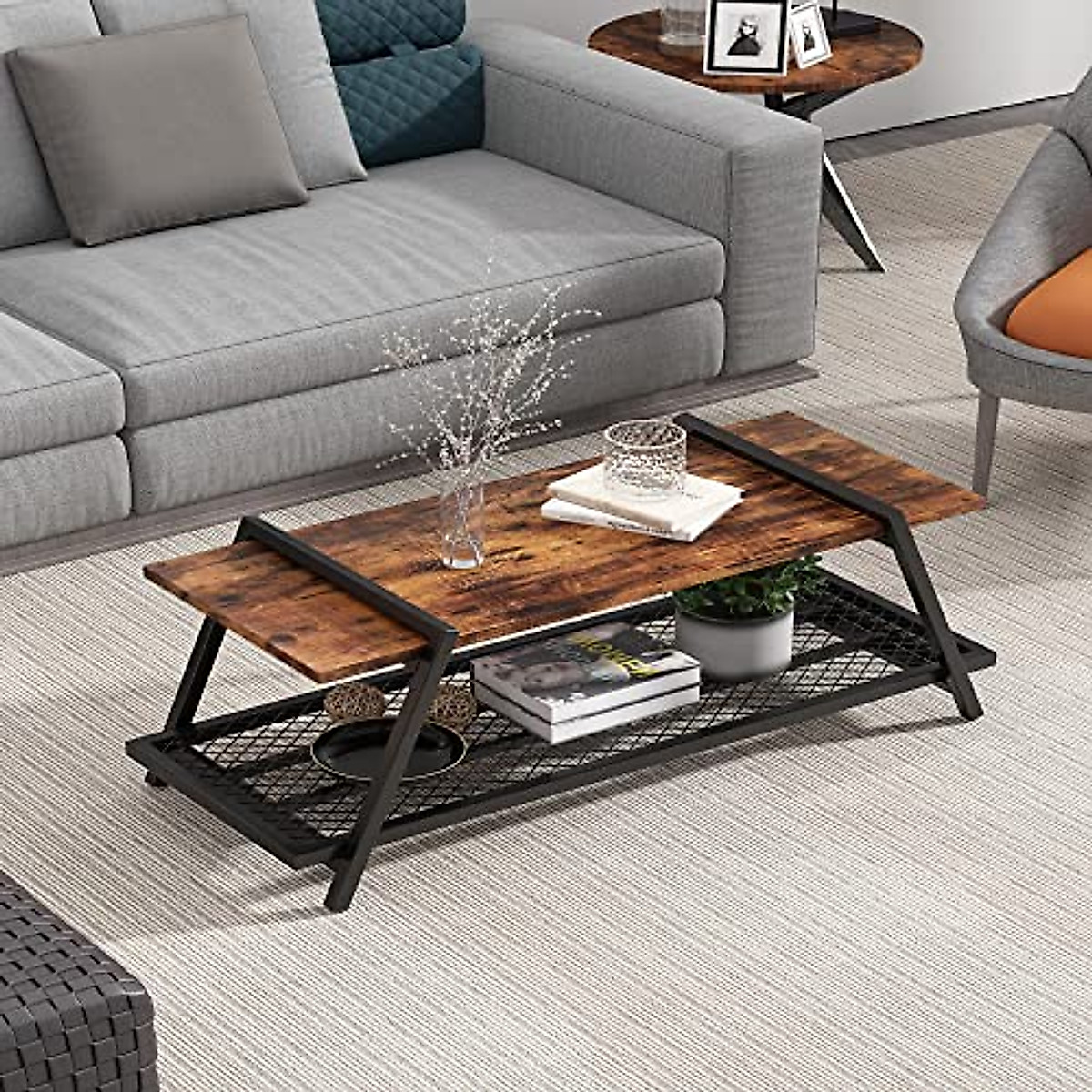 Fulocseny Nesting Coffee Table Cocktail Desk,2Layer,MDF Top, Black Metal Frame - Trapezoidal Legs Storage Space Large Iron Mesh Shelf MDF Desktop,No Screws
