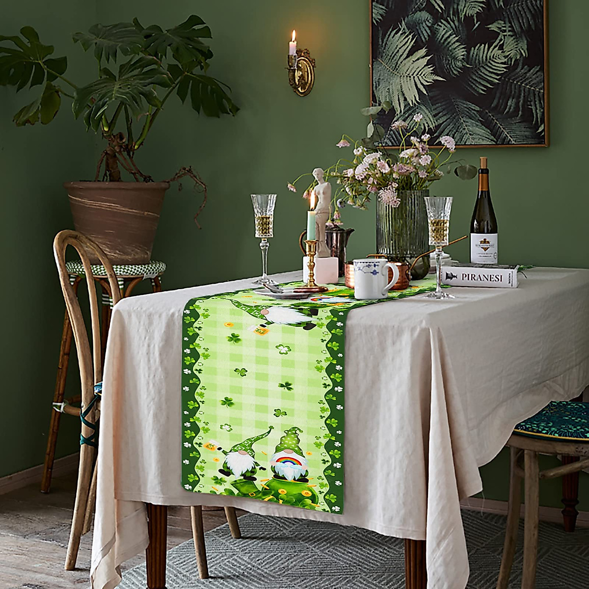 Flyart St Patricks Day Table Runner, Gnomes Spring Green Shamrock Decorations for St. Patrick's Day Party Holiday, St Patricks Day Decorations for Kitchen Dining Table Decor Home Decorr (13x72 inch)