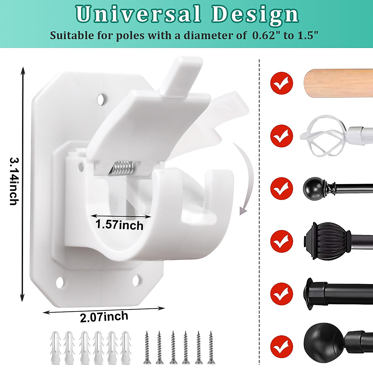 6PCS Upgraded No Drill Curtain Rod Brackets No Drilling Curtain Rod Holders Self Adhesive Curtain Rod Hooks Nail Free Adjustable Curtain Hangers Suitable for Poles of 0.62~1.57 Inch