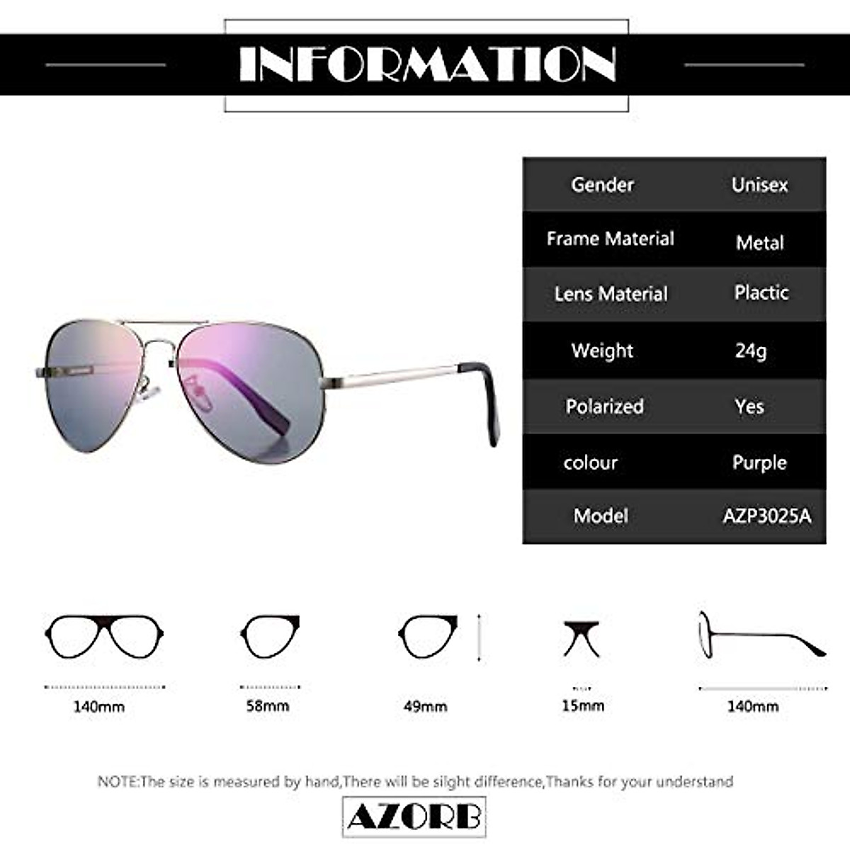 AZorb Polarized Aviator Sunglasses Mirrored Lens Metal Frame for Men Women, 100% UV 400 Protection