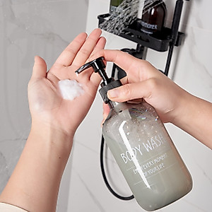 Plastic Refillable Shampoo Conditioner & Body Wash Pump Bottle Dispensers with Plastic Pumps, 16oz 3-Pack Shower Bottles with 6 Waterproof Label Stickers, Reusable Hand Soap Dish Soap Containers