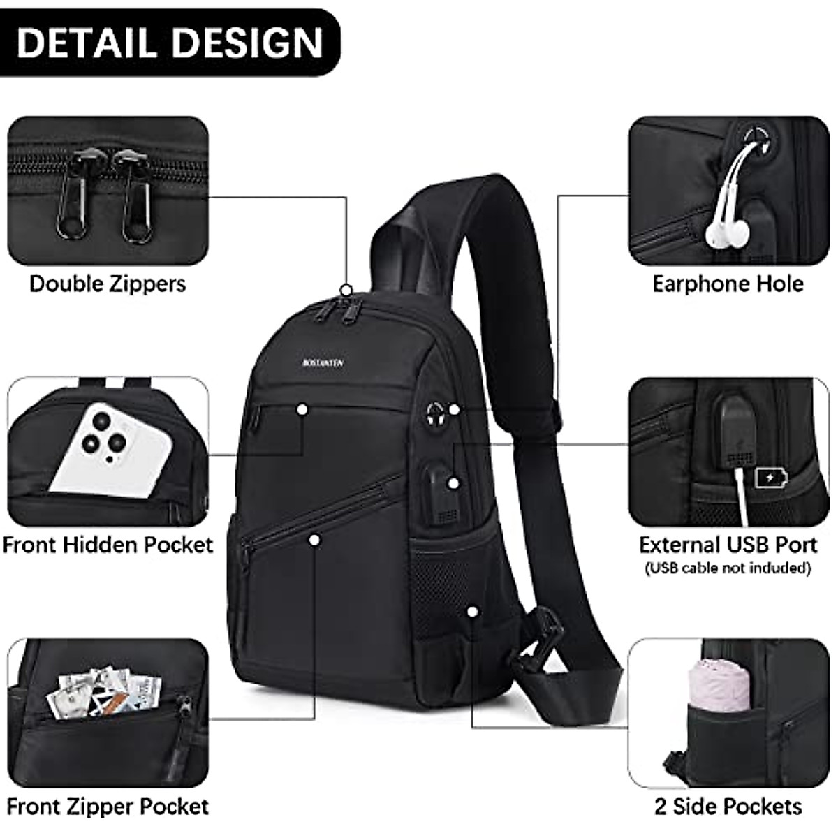 BOSTANTEN Sling Bag, Shoulder Bag Crossbody Backpack Lightweight Casual Daypack for Men Women Travel Hiking Walking, Black