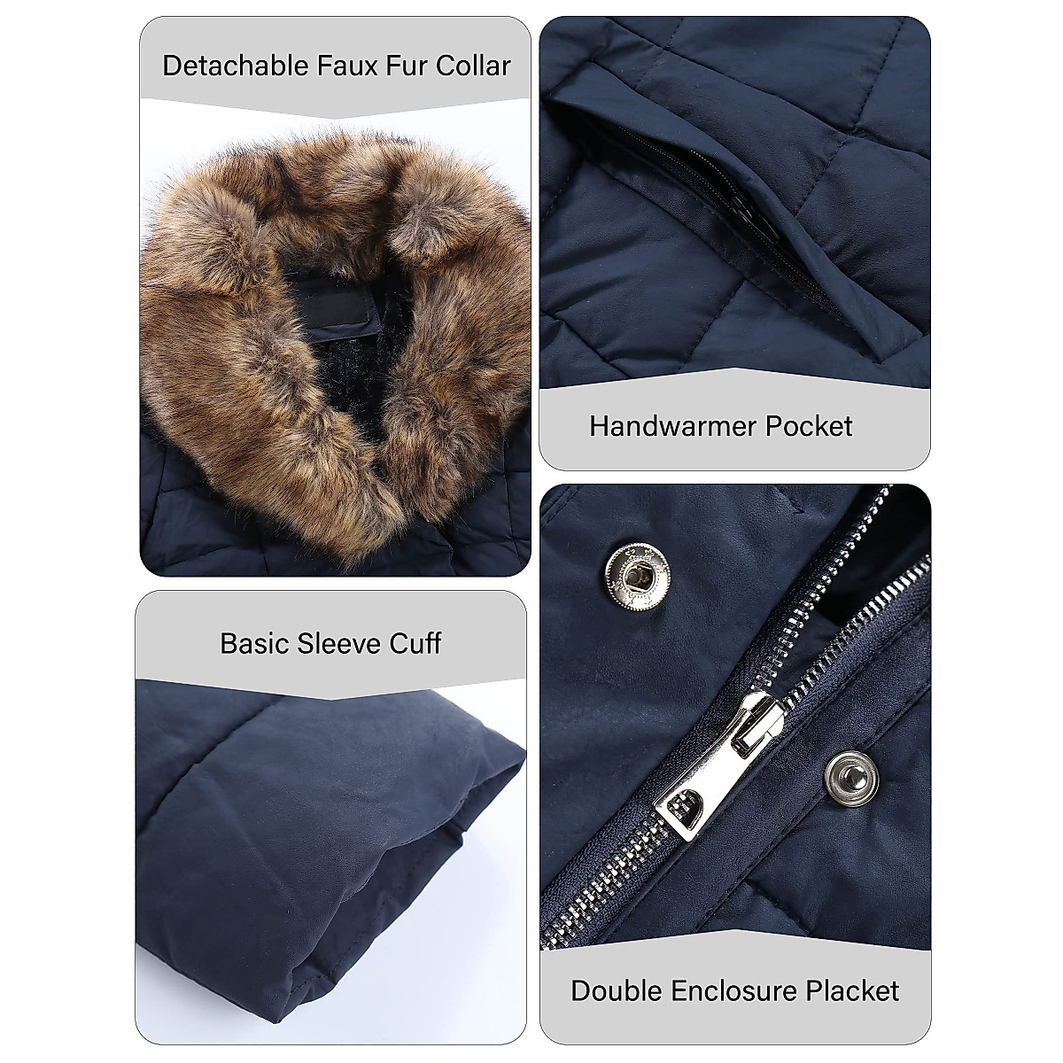 Bellivera Women's Winter Puffer Jacket Cold resistant patchwork plush lining Coat with Removable Fur Collar Hooded and Belted 5528BLUEL