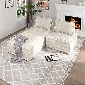 Mixoy Modular Sectional Sofa, Variable 3 Seater Sofa Couch with Oversized Soft Seat, Free Combination Armless Sectional Sofa Couch for Living Room, Bedroom (Beige, 3PCS)