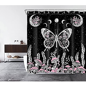 LB Mushroom and Butterfly Shower Curtain for Bathroom,Boho Starry Sky with Moon Phase and Country Plant Fabric Shower Curtain with Hooks,Black and White Bathroom Curtains Shower Set, 72x72 inches