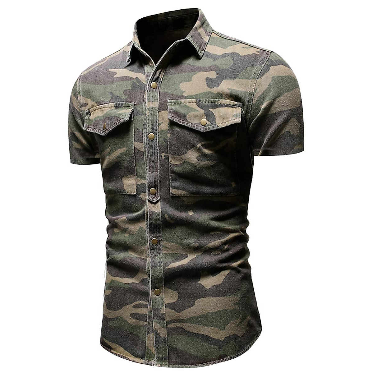 chouyatou Men's Military Style Short/Long Sleeve Camo Printed Button Down Shirt (Large, Green Short)