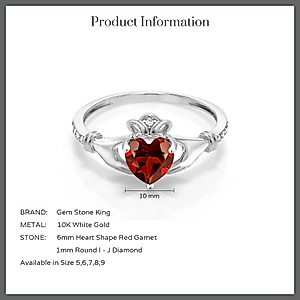 Gem Stone King 10K White Gold 6MM Heart Shape Gemstone Birthstone and White Diamond Irish Celtic Claddagh Engagement Ring | Gold Ring For Women | Available In Size 5, 6, 7, 8, 9