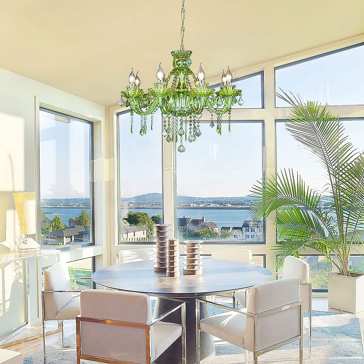 Green K9 Crystal Candle Chandeliers Lighting Modern Pendant Lights Ceiling Fixture Lamp for Dining Living Room Bedroom Hallway Entry Elegant Decoration 8 Lights E12 Base, H20.5 x W28.3 Inch (Upgraded)