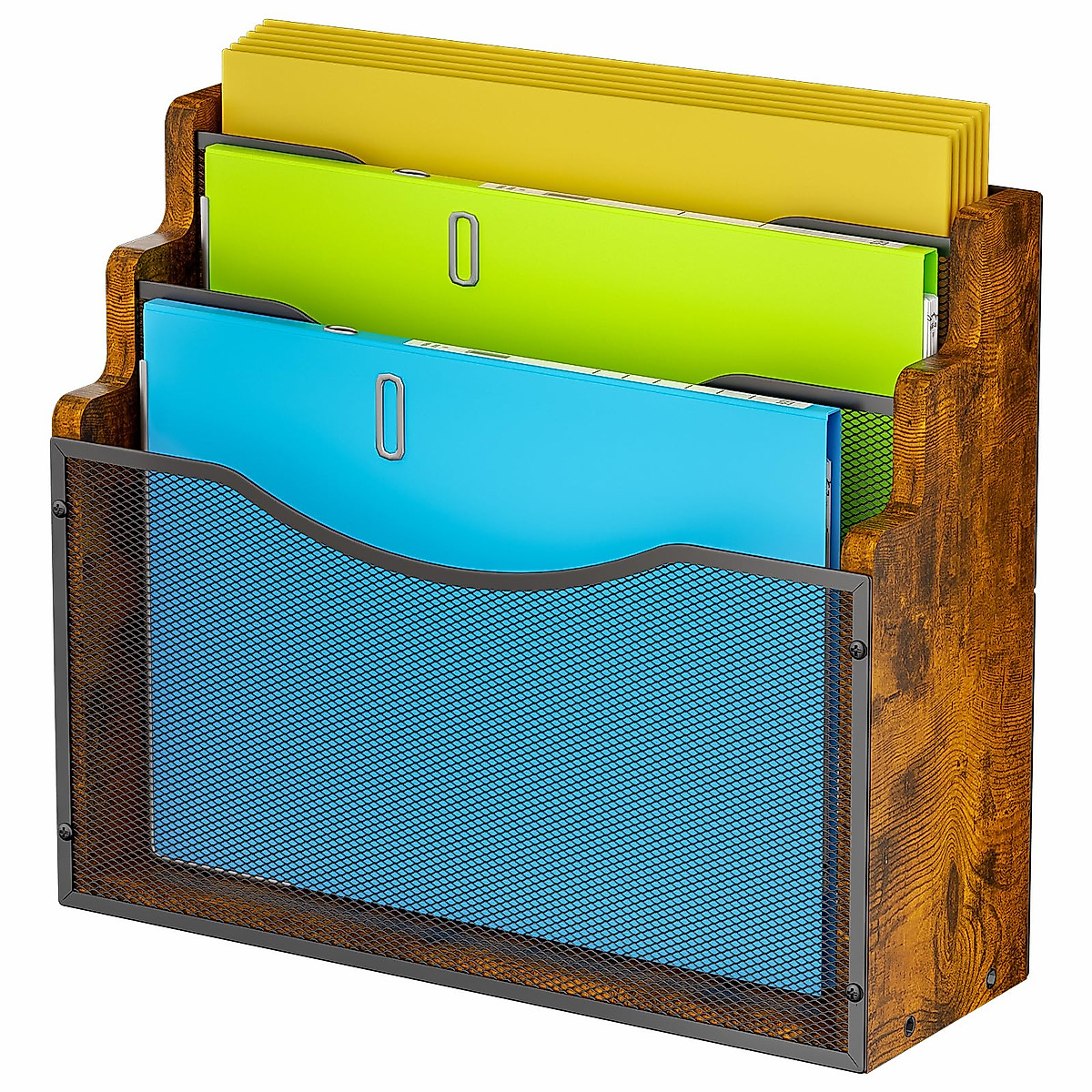 3-Tier Ladder File Organizer, Desk File Organizer with Retro MDF+ Black Metal Frame, Wall Paper Letter Tray Organizer, Wall File Storage Rack, Mesh Desktop Organizers and Accessories for Home Office