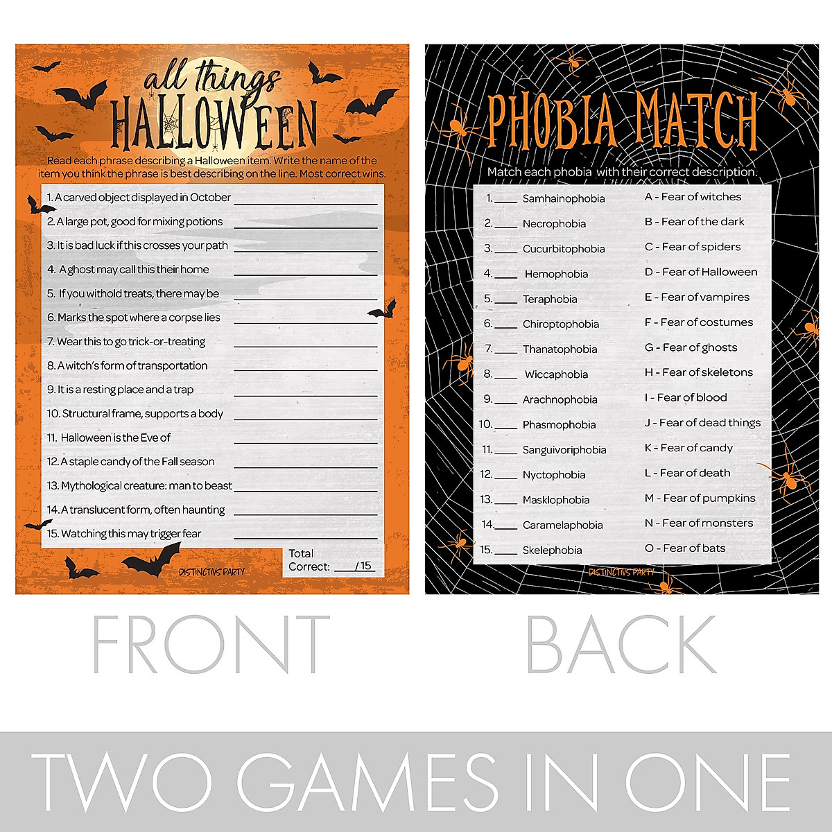 DISTINCTIVS Halloween Party Games, Halloween Trivia & Phobia Match 2 Game Bundle - 25 Count