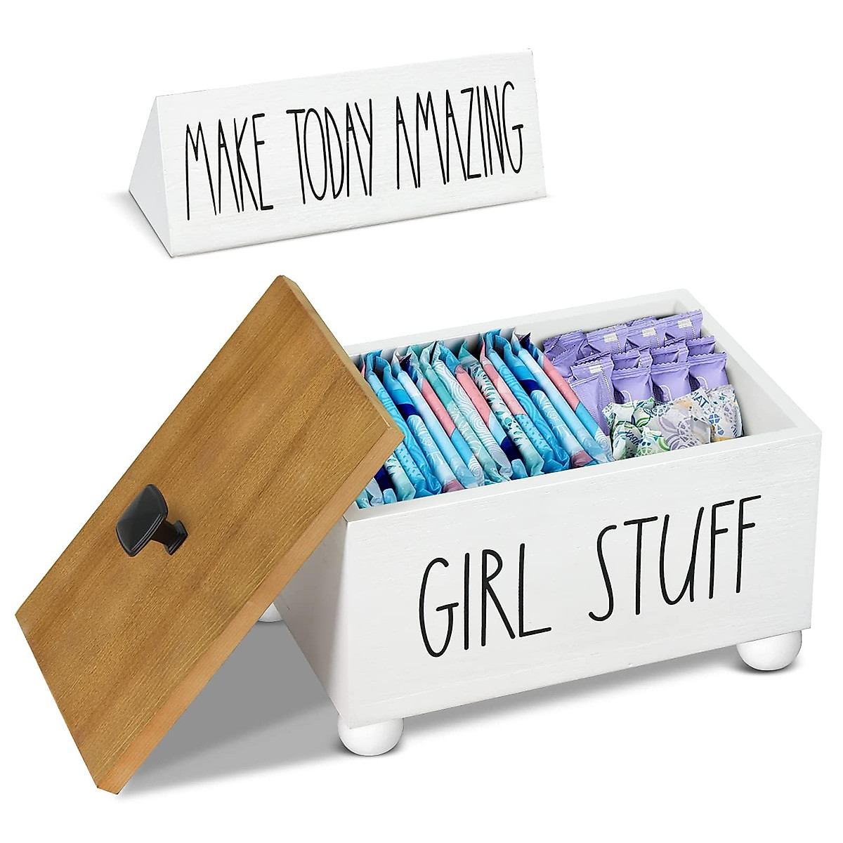 Tampon Holder for Bathroom, Tampon and Pad Holder Organizer with Lid, Tampon and Pad Storage Container with Decorative Bathroom Wooden Sign for Bathroom Accessories,Feminine Products Caddy (White 2)