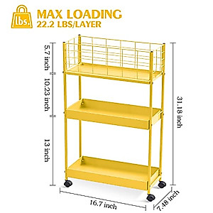 KINGRACK Slim Storage Cart,3-Tier Metal Utility Rolling Cart with Lockable Wheels, Storage Craft Art Cart Trolley Organizer Serving Cart for Bathroom, Living Room, Kids' Room, Classroom,Yellow