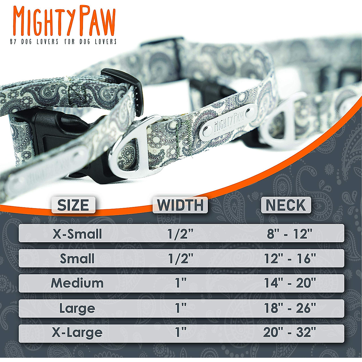 Mighty Paw Grey Paisley Designer Collar - Patterned Collar - Soft Polyester Webbing - Heavy-Duty Hardware - Premium Weather-Resistant Dog Collar - Adjustable Collar for All Dog Breeds - Medium