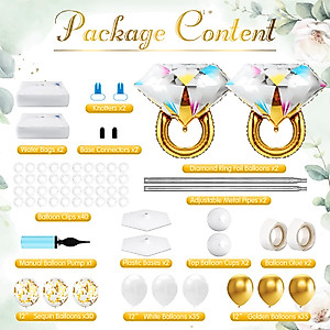 Realspring 2 Sets Diamond Ring Balloon Column Stand Kit with 2 Ring Foil Ring Balloons 100 Latex Balloons, Adjustable Balloon Stands White and Gold Balloon Arch for Bridal Shower Wedding Engagement