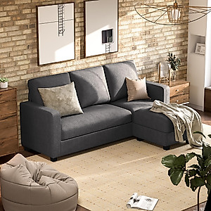 JUMMICO Convertible Sectional Sofa Couch, Fabric L-Shaped Sofa with 3 Seats, Removable Ottoman, Small Sofa for Small Apartments, Living Rooms and Offices (Deep Grey)